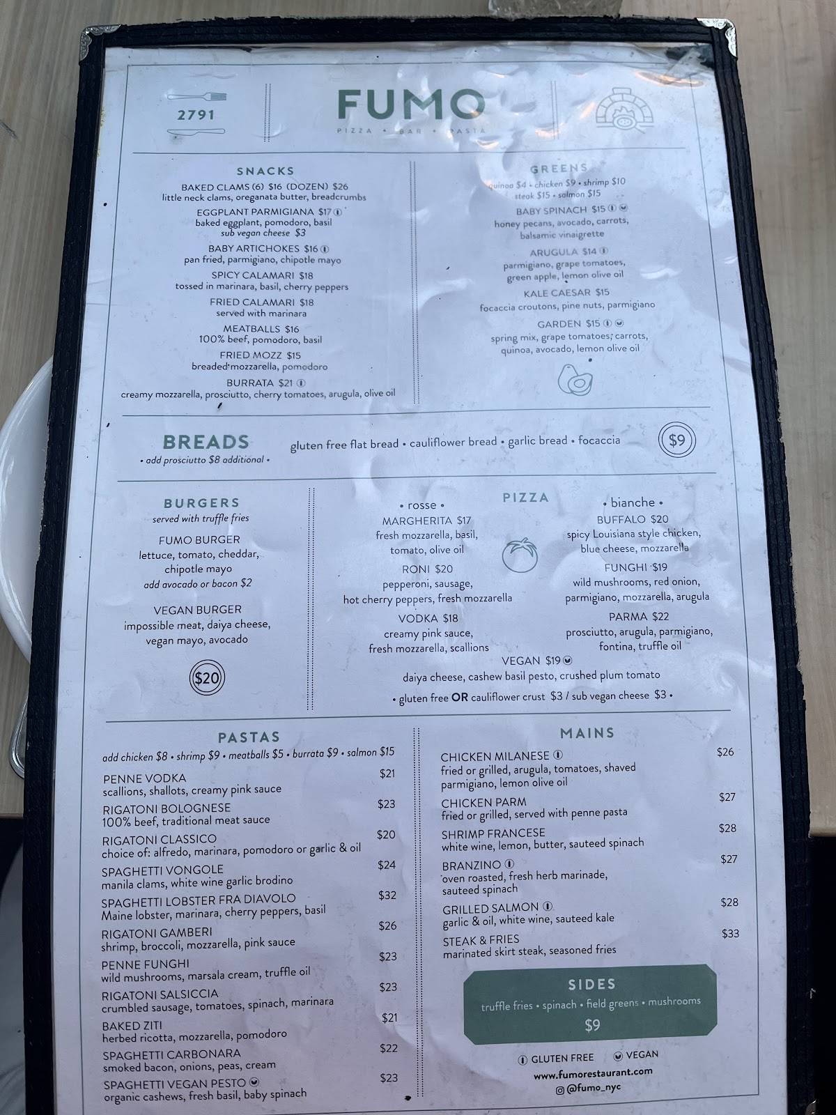 Menu at Fumo Upper West Side pub & bar, New York City, Broadway