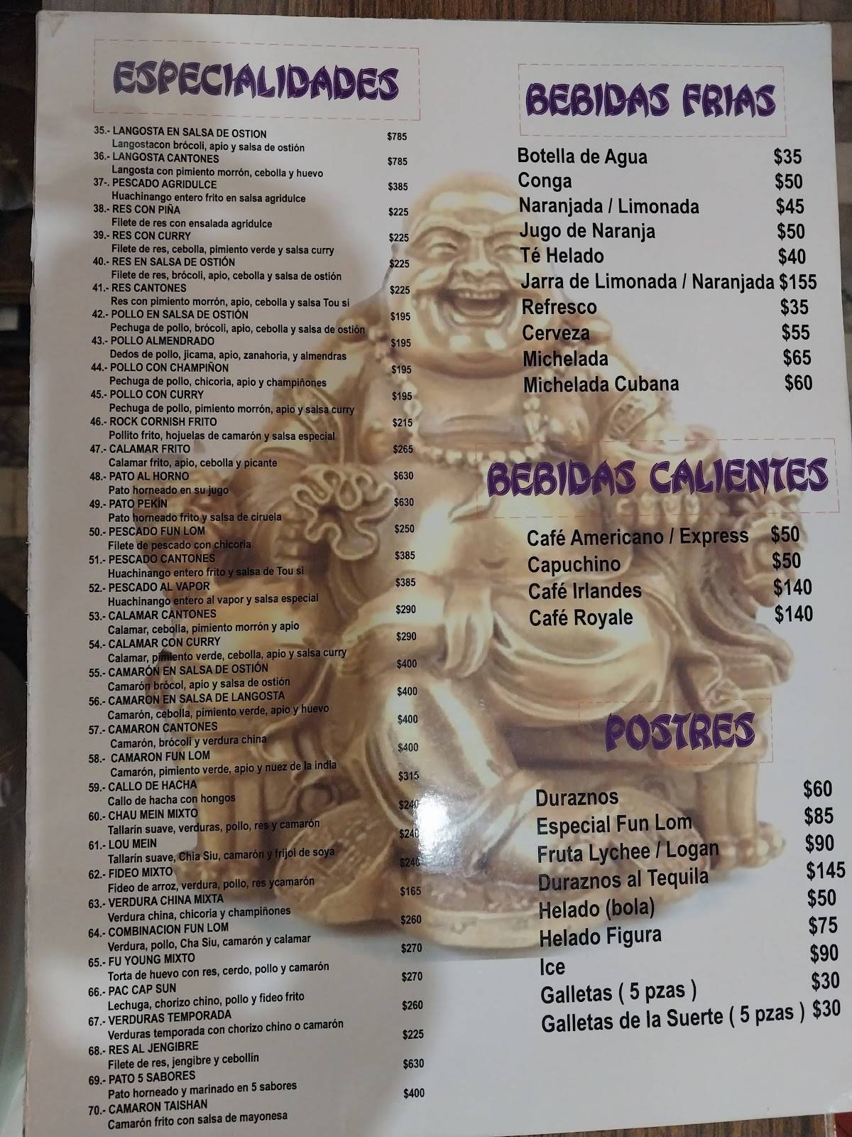 Carta del restaurante Fun Lom, Ciudad del México