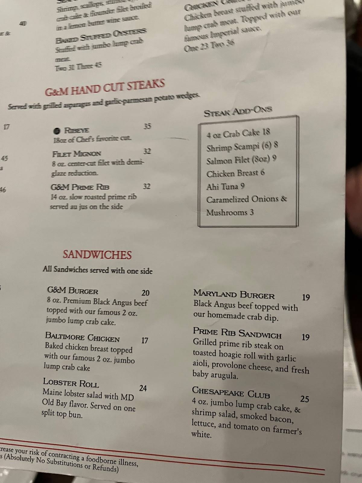 Menu at G & M Restaurant, Linthicum Heights, 804 N Hammonds Ferry Rd