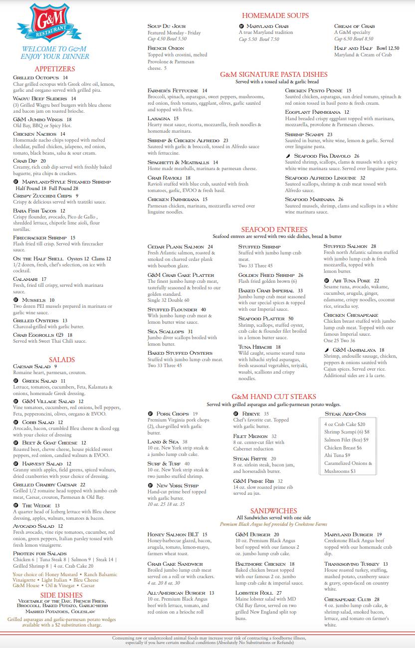 Menu at G & M Restaurant, Linthicum Heights, 804 N Hammonds Ferry Rd