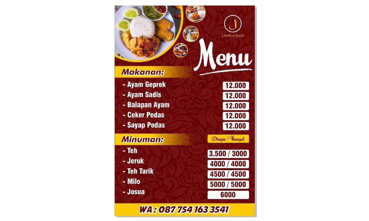 Menu at GEPREK JUNA'S restaurant, Banyuwangi