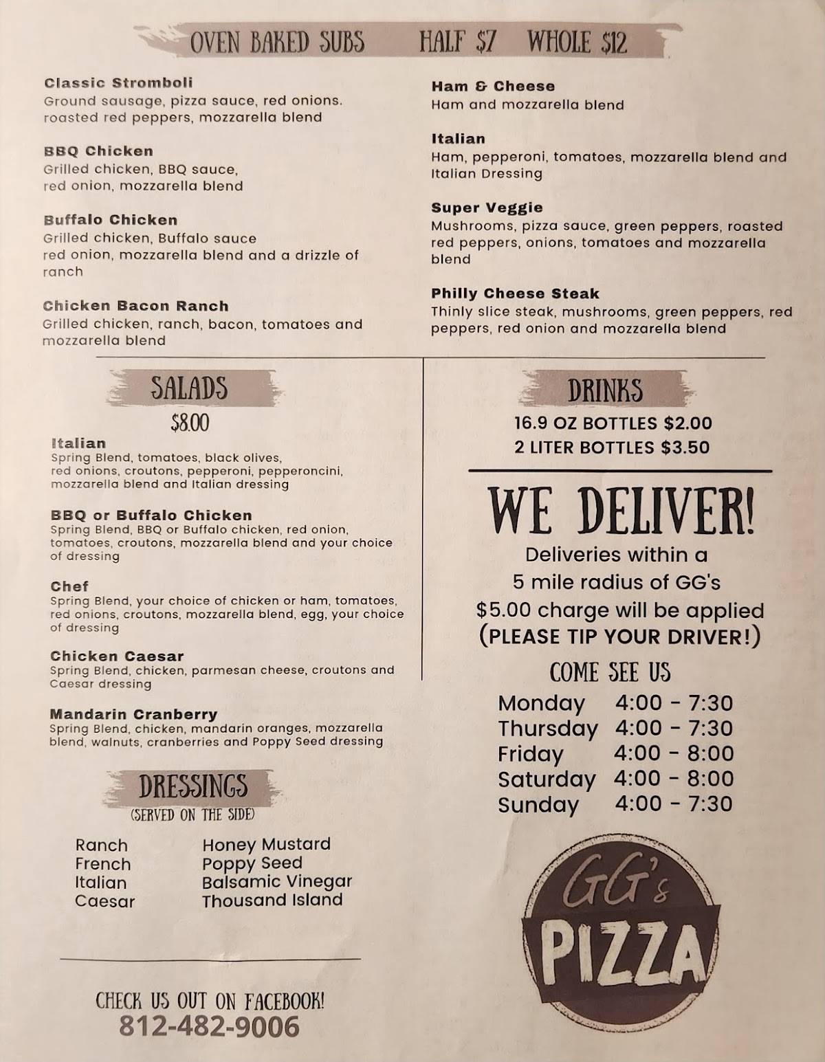 Menu at GG’s Pizza restaurant, Jasper