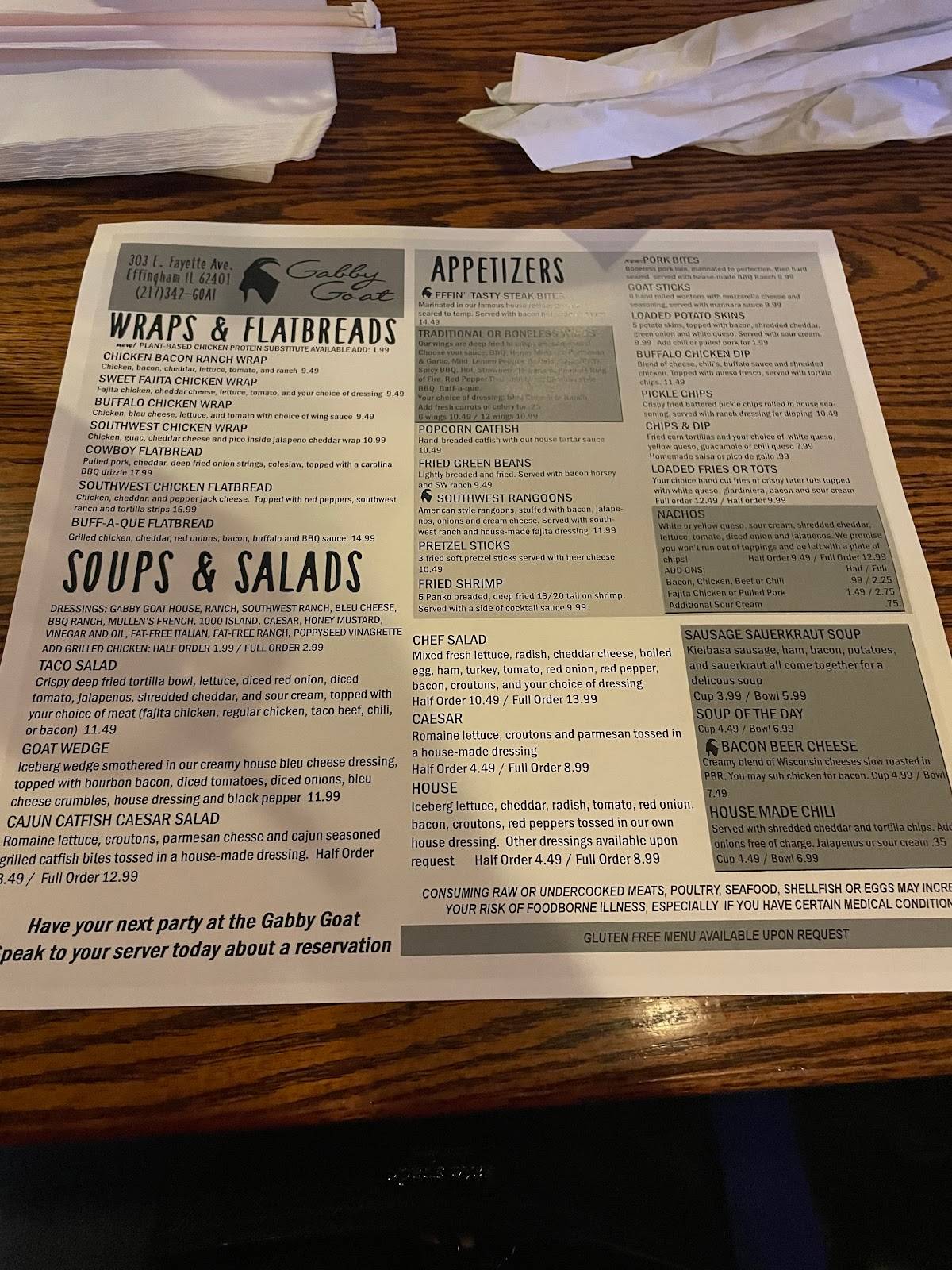Menu at Gabby Goat American Pub & Grill, Effingham