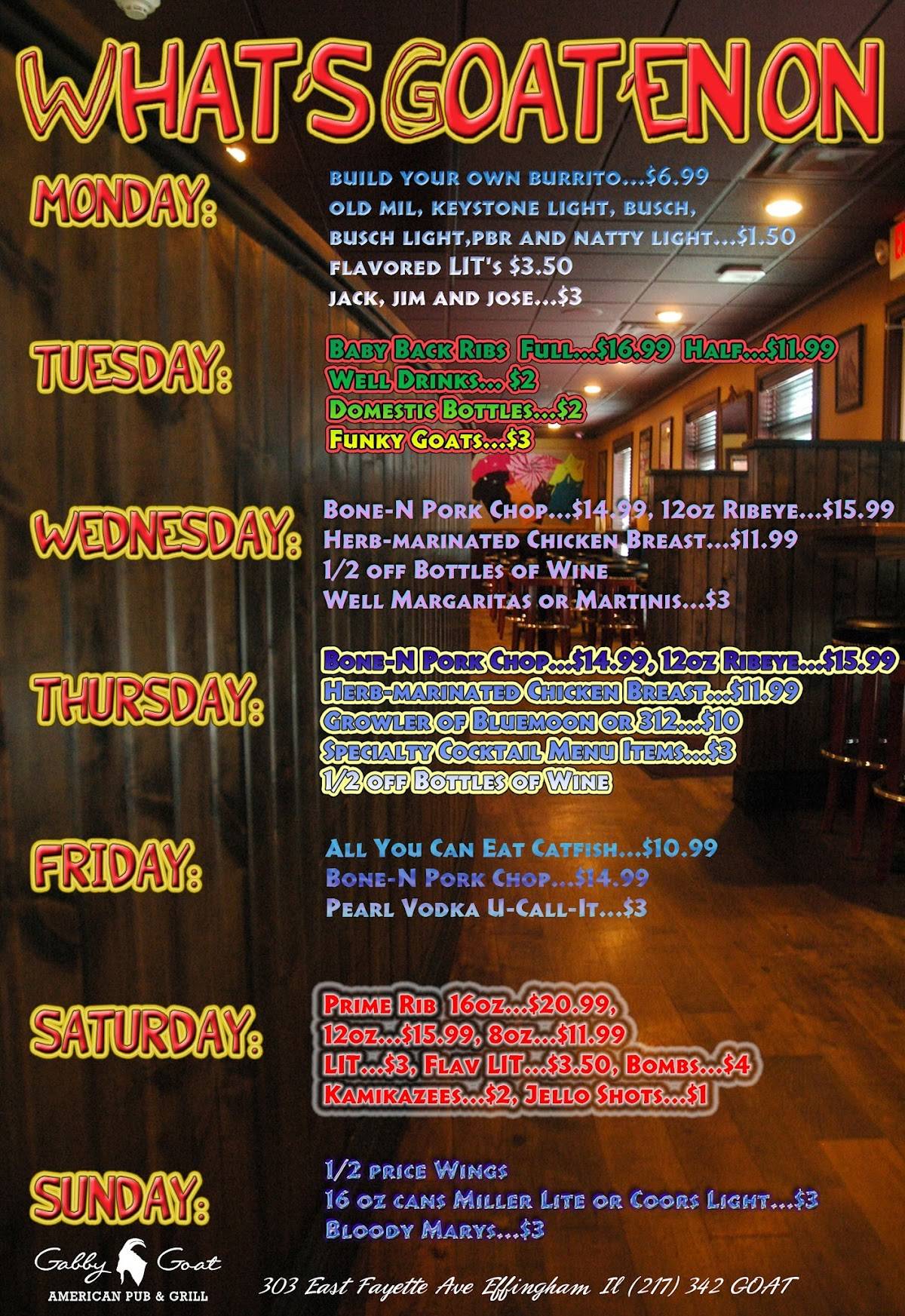 Menu at Gabby Goat American Pub & Grill, Effingham