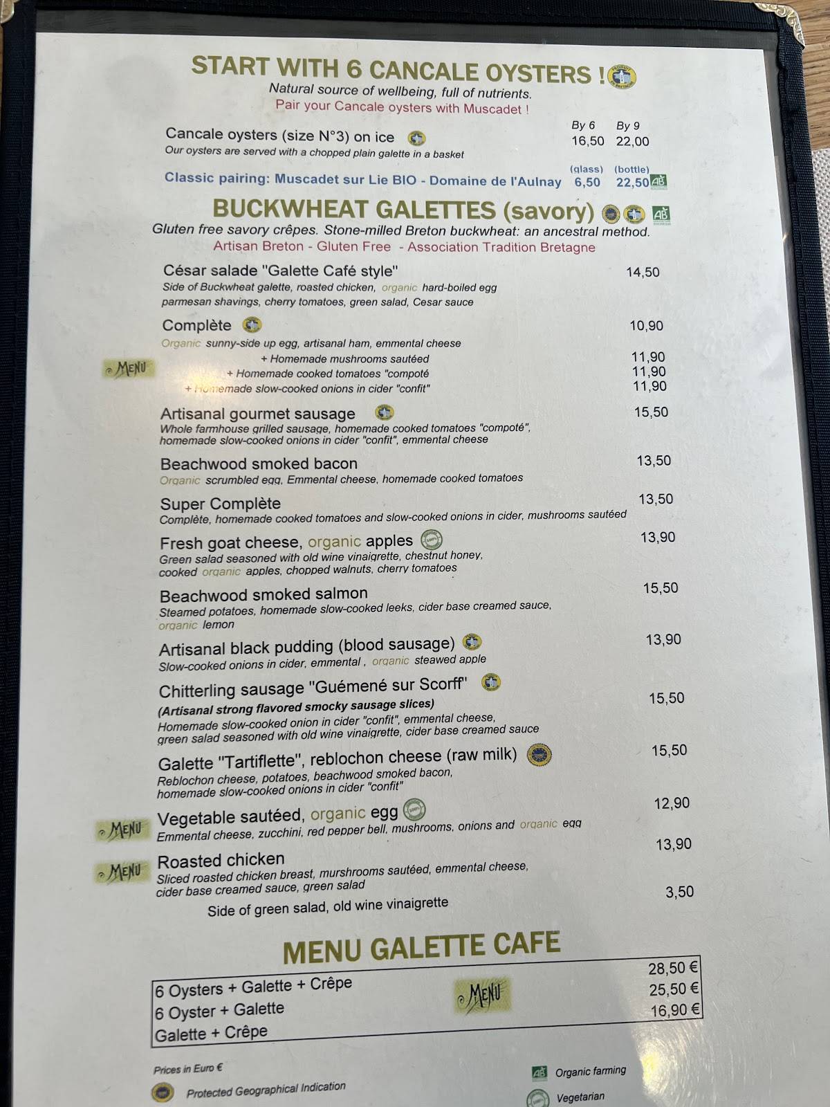 Menu at Galette Café, Paris
