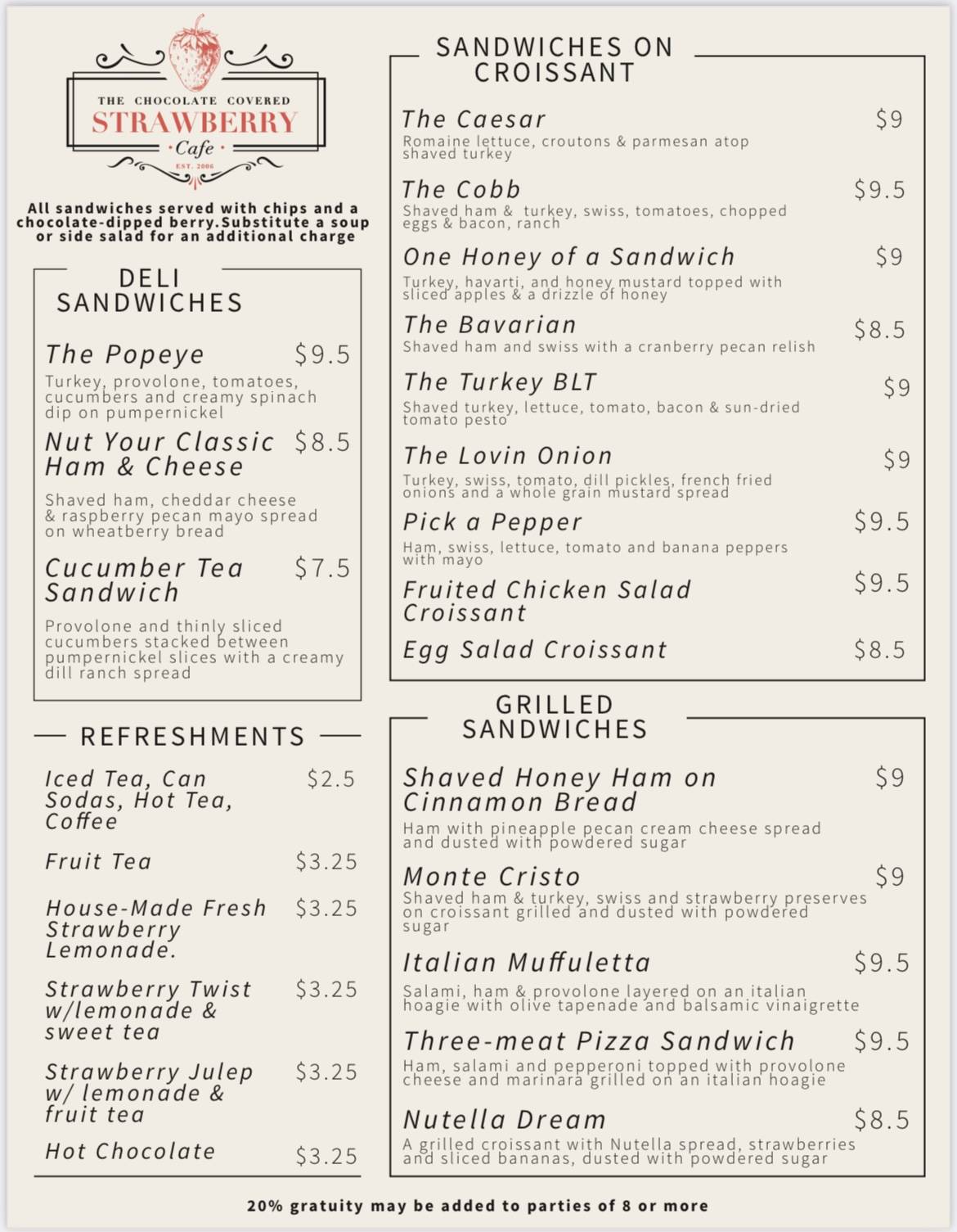 Menu at Chocolate Covered Strawberry cafe, Gallatin, Nashville Pike