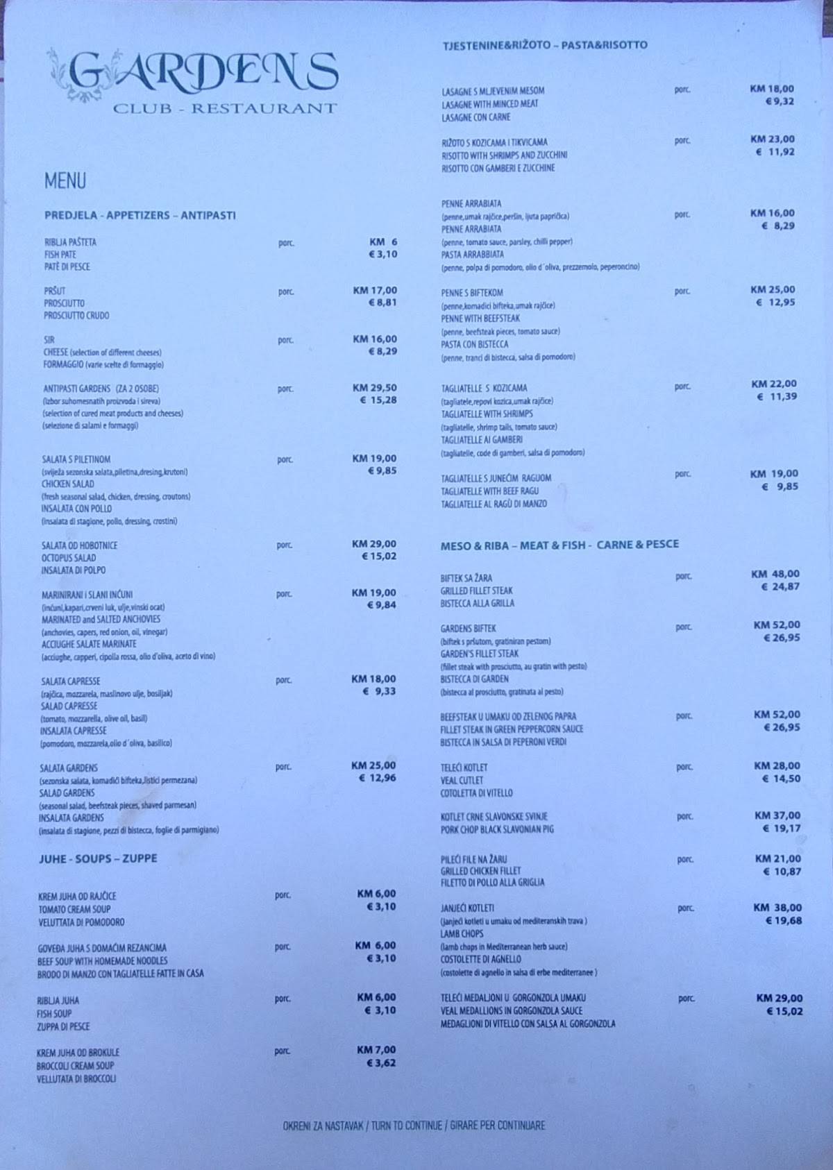 Menu at Gardens Restaurant, Međugorje
