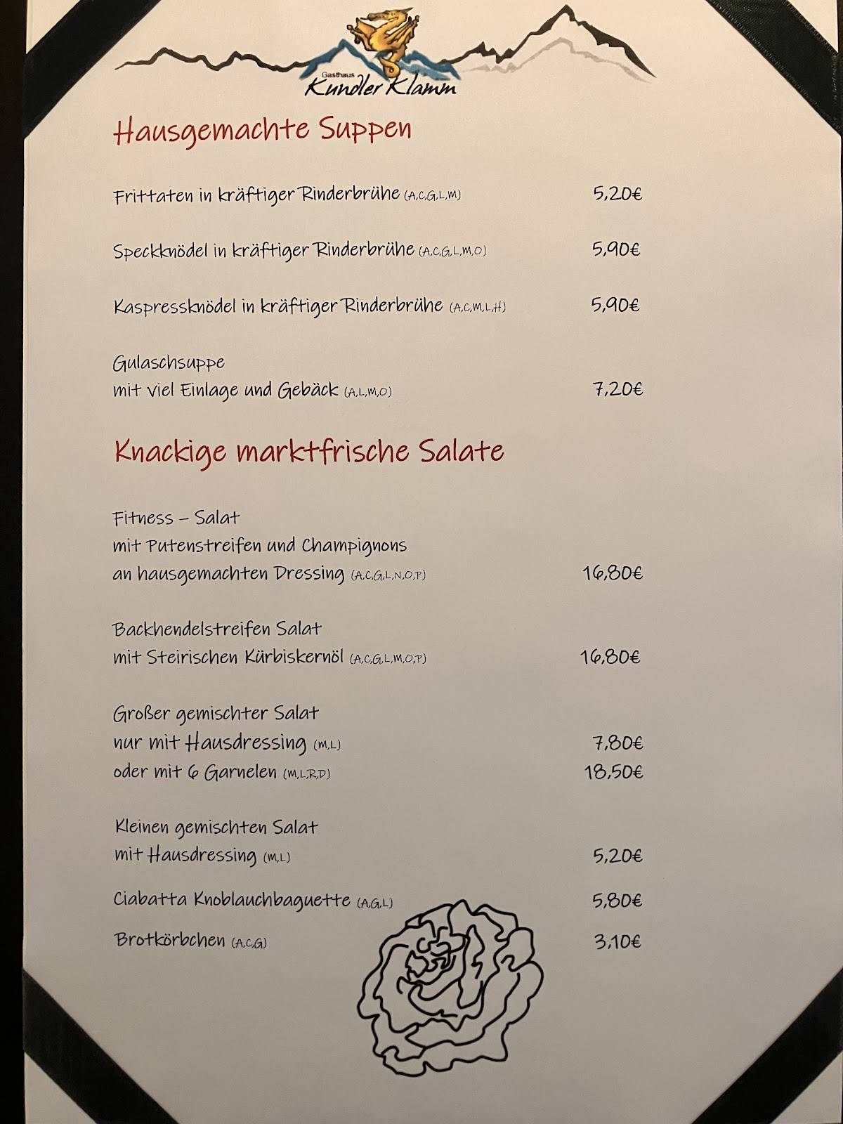 Speisekarte von Gasthaus Kundler Klamm restaurant, Kundl