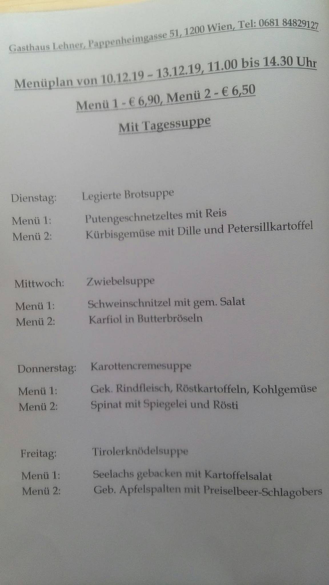 Speisekarte von Gasthaus Lehner restaurant, Wien