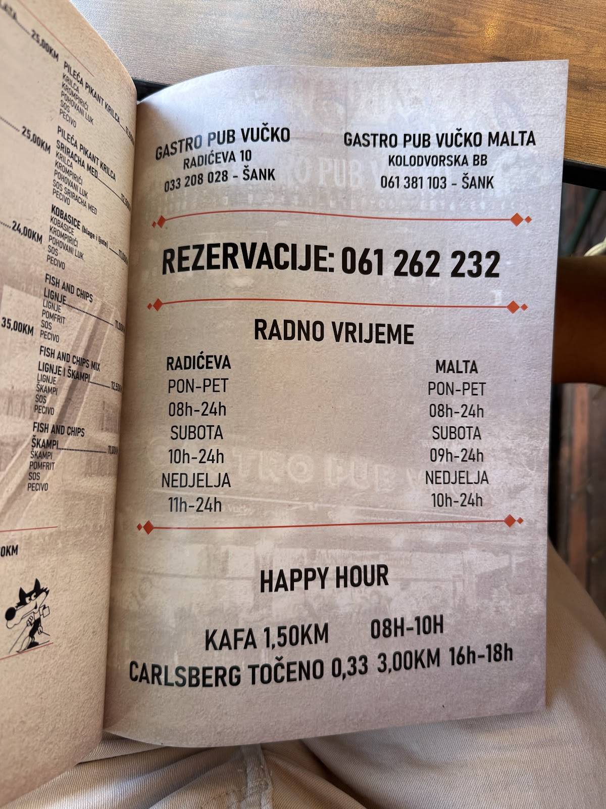 Menu at Gastro PUB VUČKO 2, Sarajevo, Kolodvorska 12