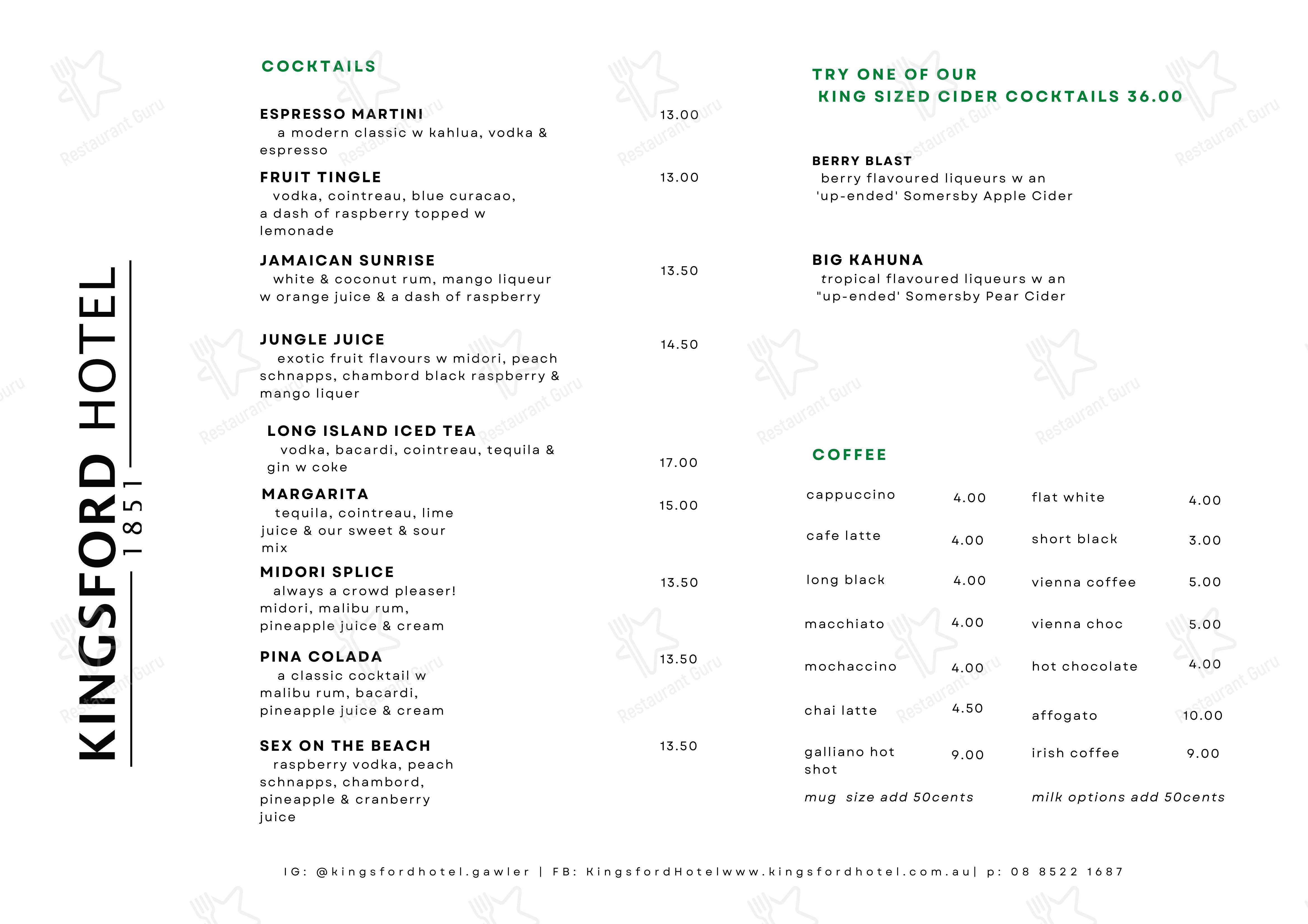 Menu at Kingsford Hotel pub & bar, Gawler, 32 Murray St