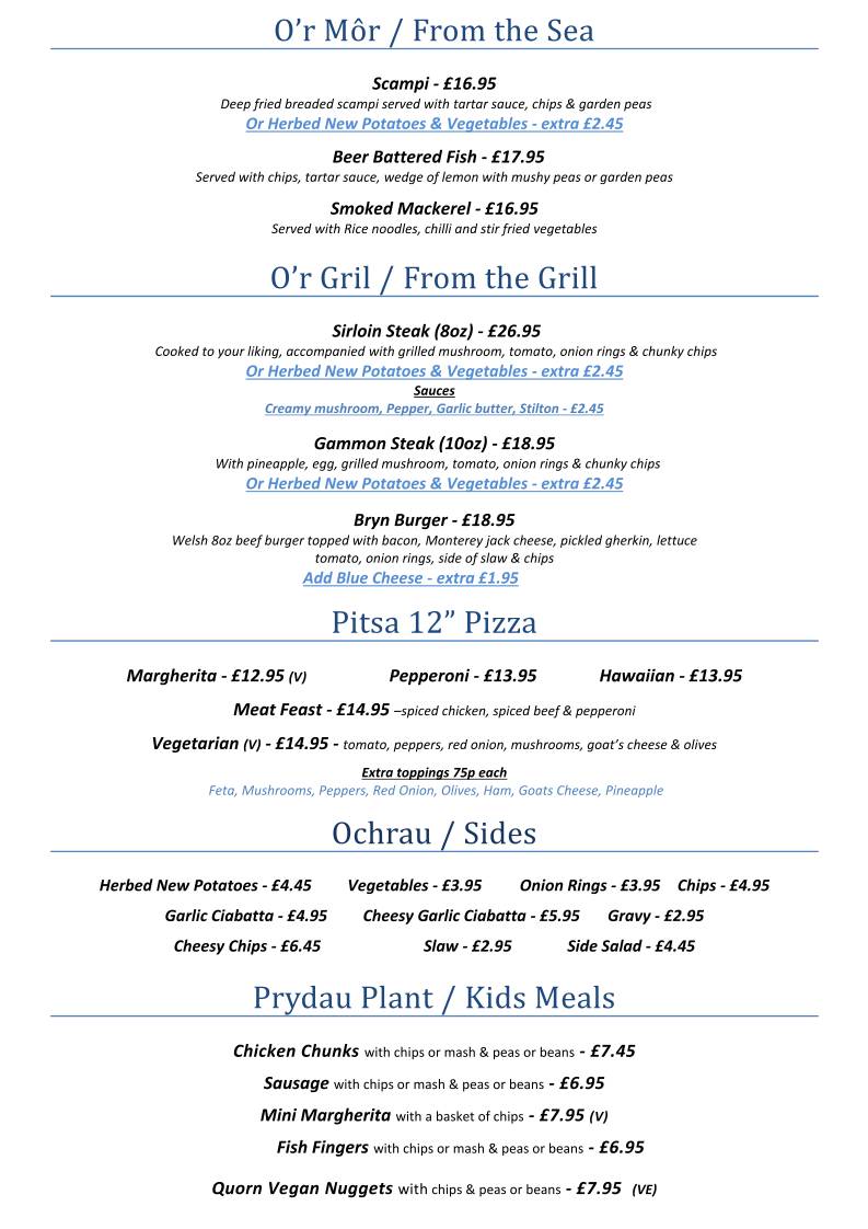 Menu at Bryn Arms restaurant, Gellilydan