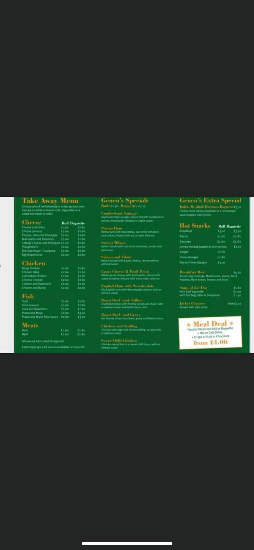 Menu at Gencos fast food, Carlisle