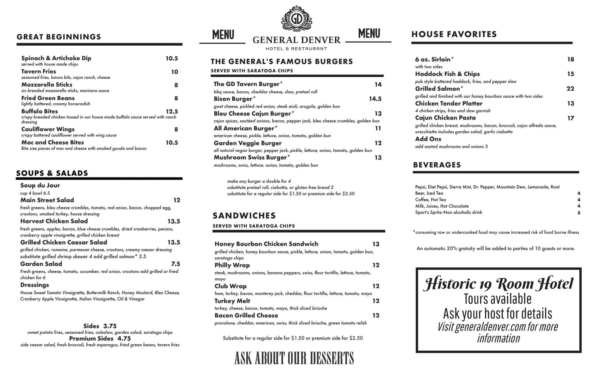 Menu at General Denver Hotel restaurant, Wilmington