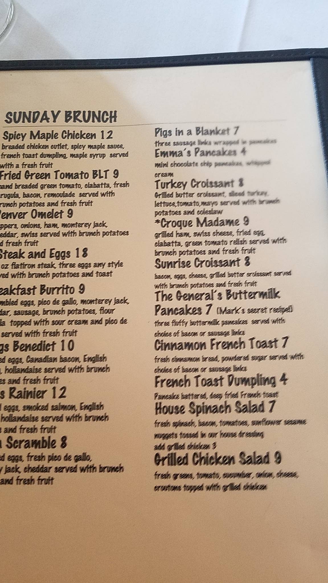 Menu at General Denver Hotel restaurant, Wilmington