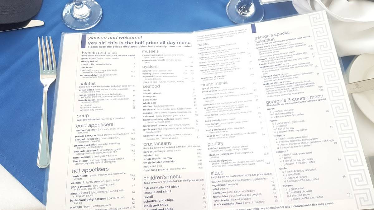 Menu at George's Paragon Seafood Restaurant - Sanctuary Cove, Hope ...