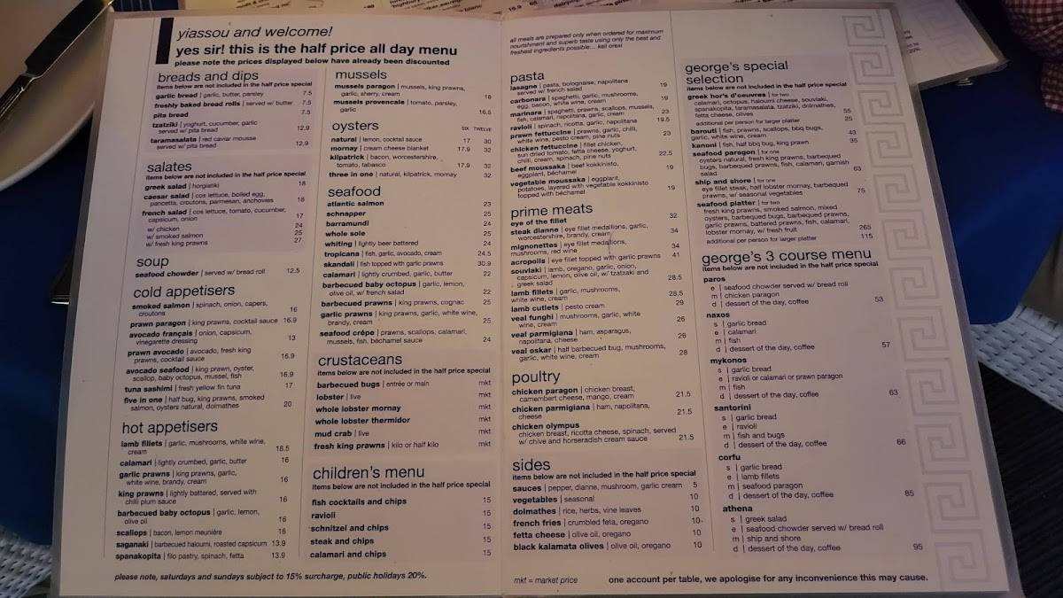 Menu at George's Paragon Seafood Restaurant - Sanctuary Cove, Hope ...
