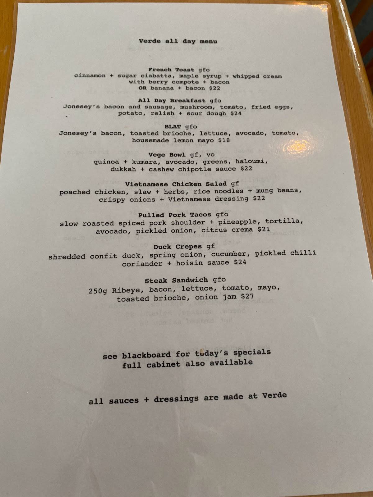 Menu at Cafe Verde, Geraldine