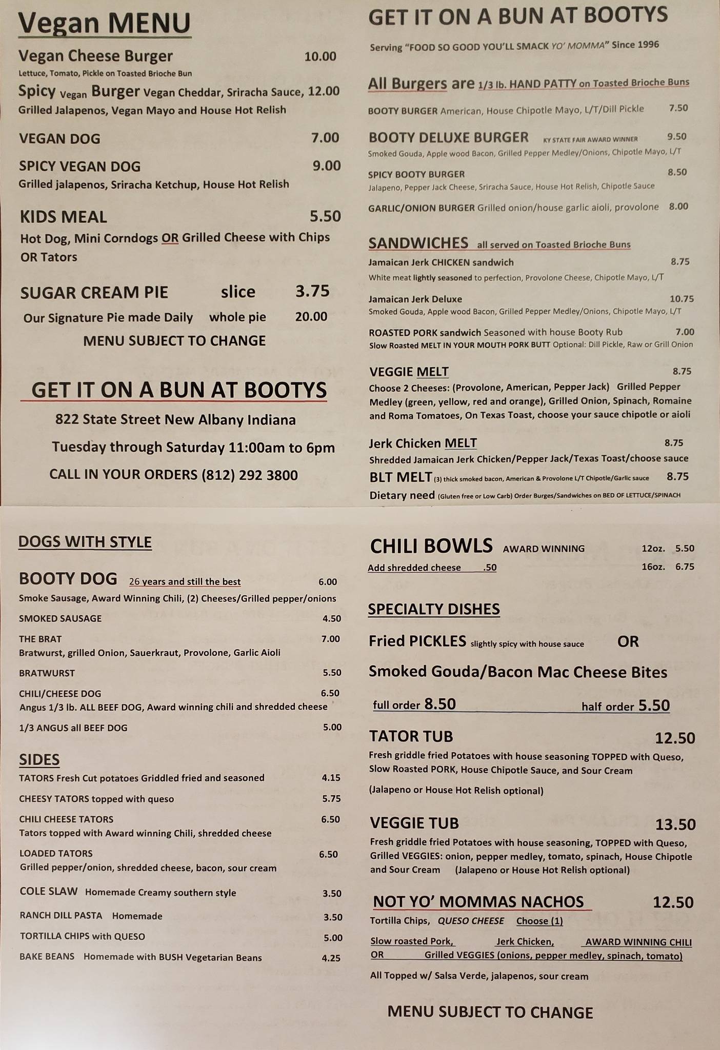 Menu at Get it on a Bun at BOOTYS restaurant, New Albany