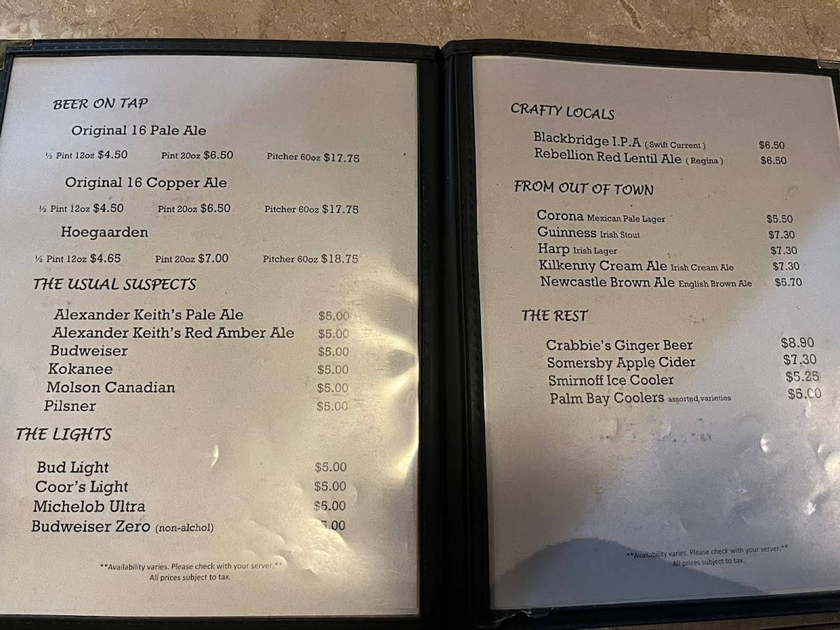 Menu at Gibson's Fish & Chips restaurant, Saskatoon