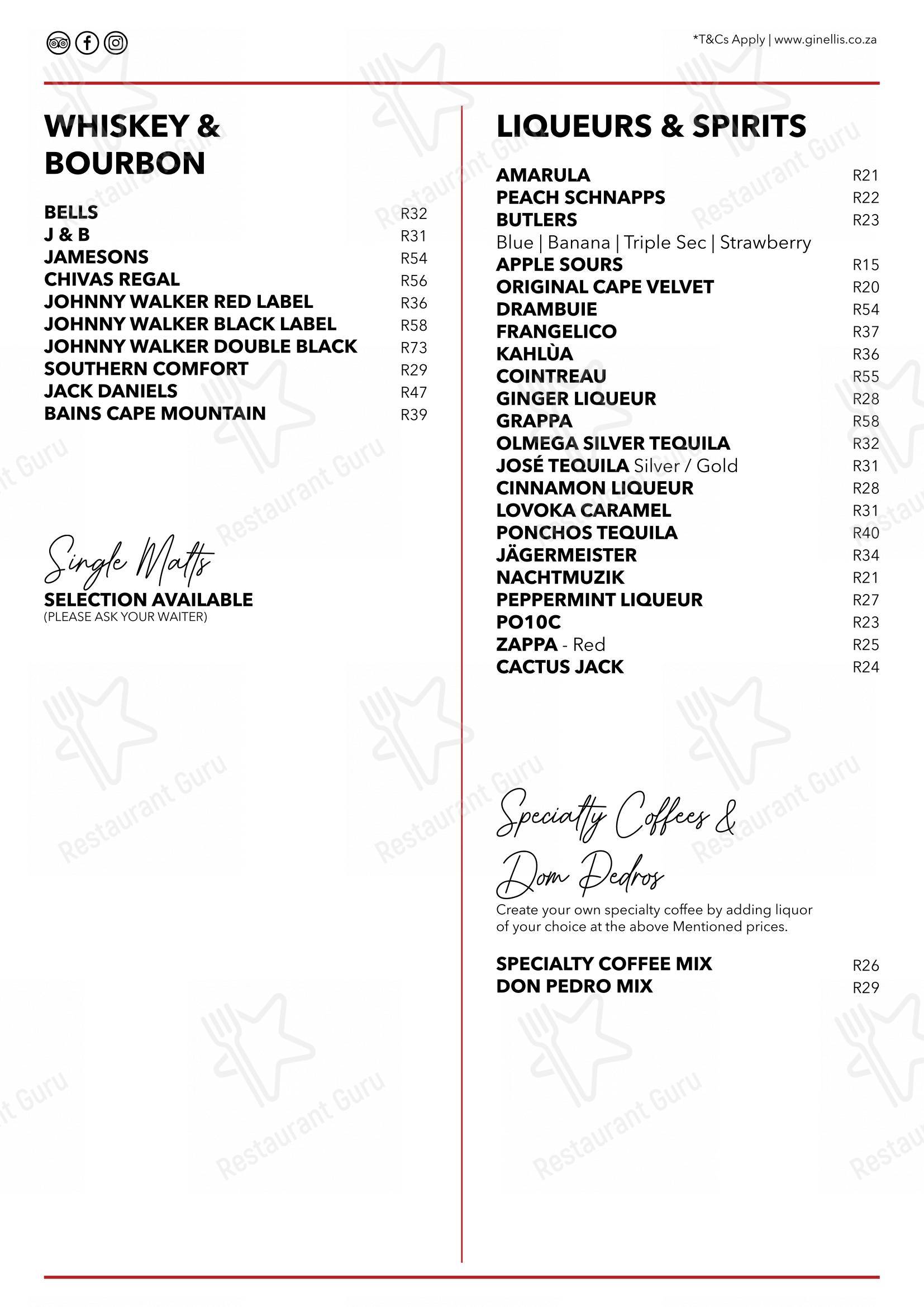 Menu at Ginellis Restaurant, Middelburg, Shop no. 3