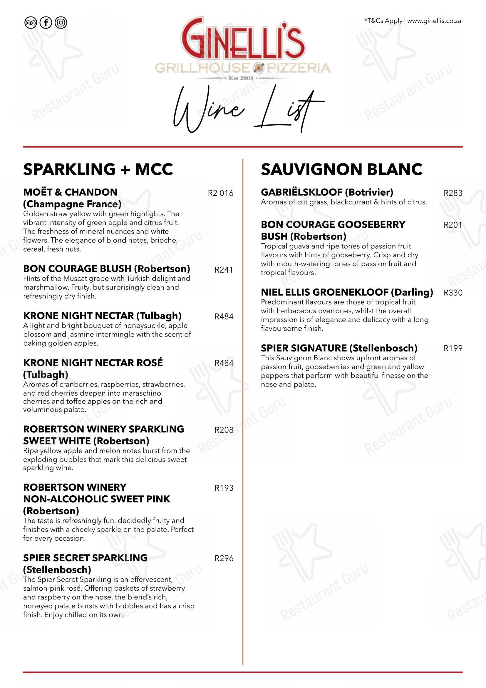 Menu at Ginellis Restaurant, Middelburg, Shop no. 3