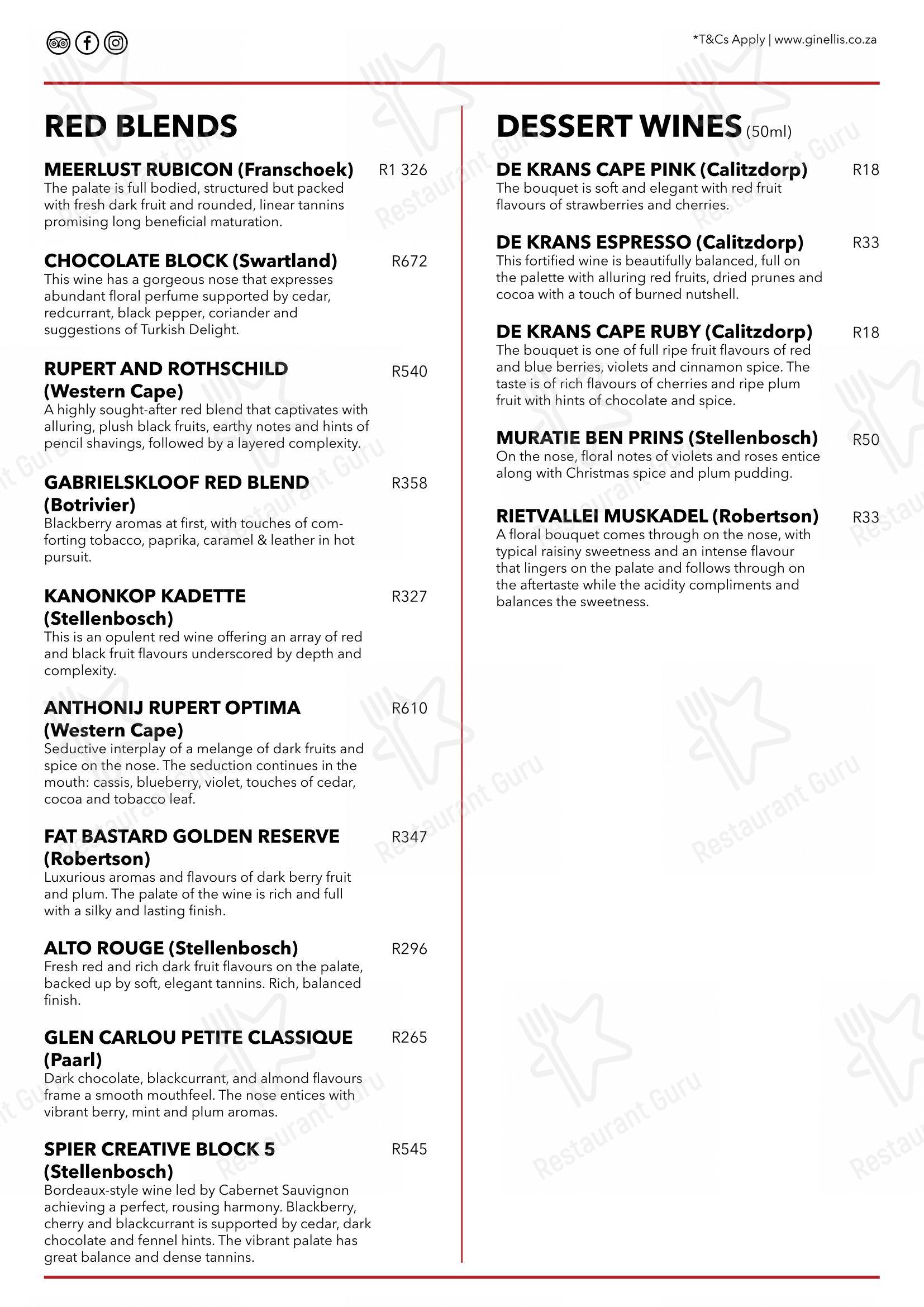 Menu at Ginellis Restaurant, Middelburg, Shop no. 3