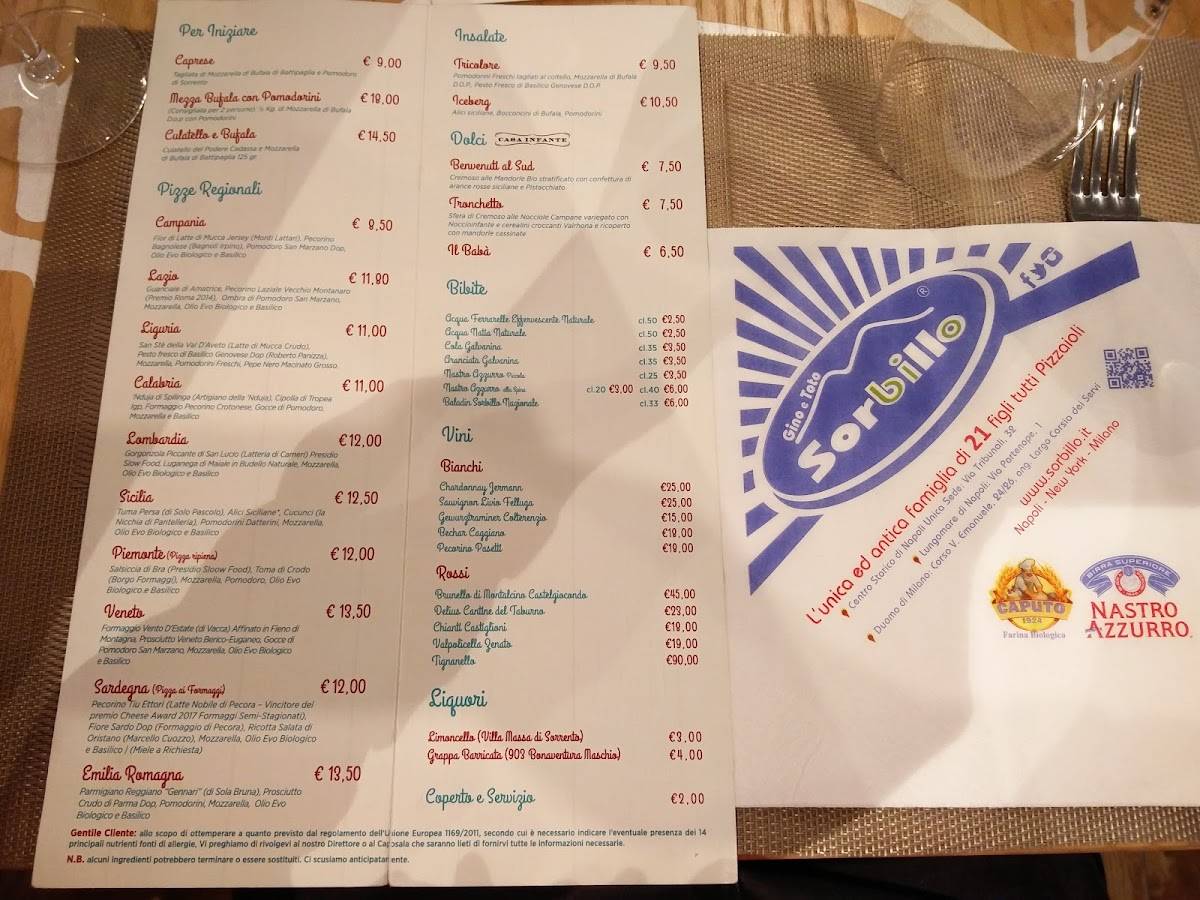 Menu da Gino Sorbillo Pizza Gourmand pizzeria, Milano, Via Ugo Foscolo