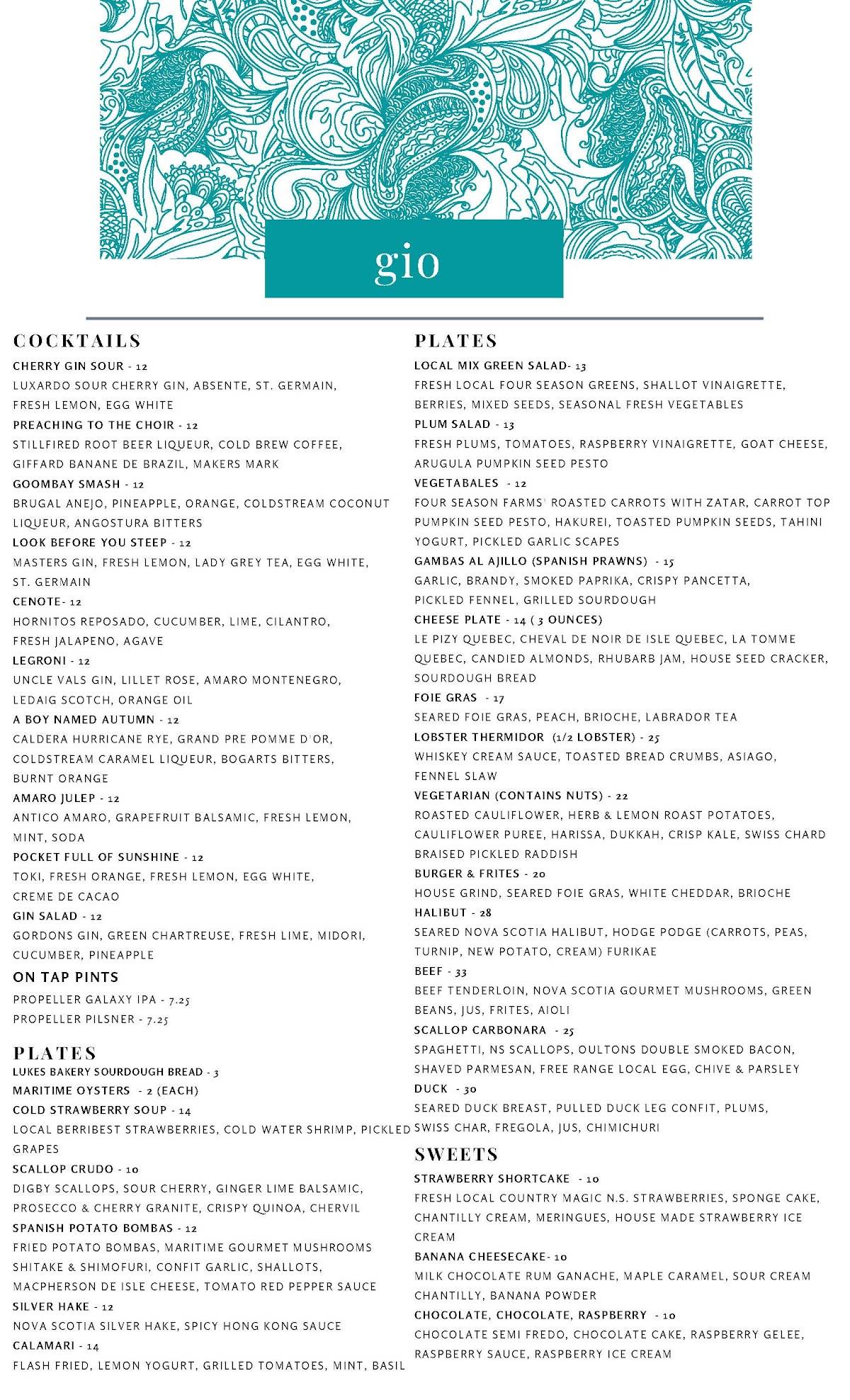 Menu at Gio restaurant, Halifax
