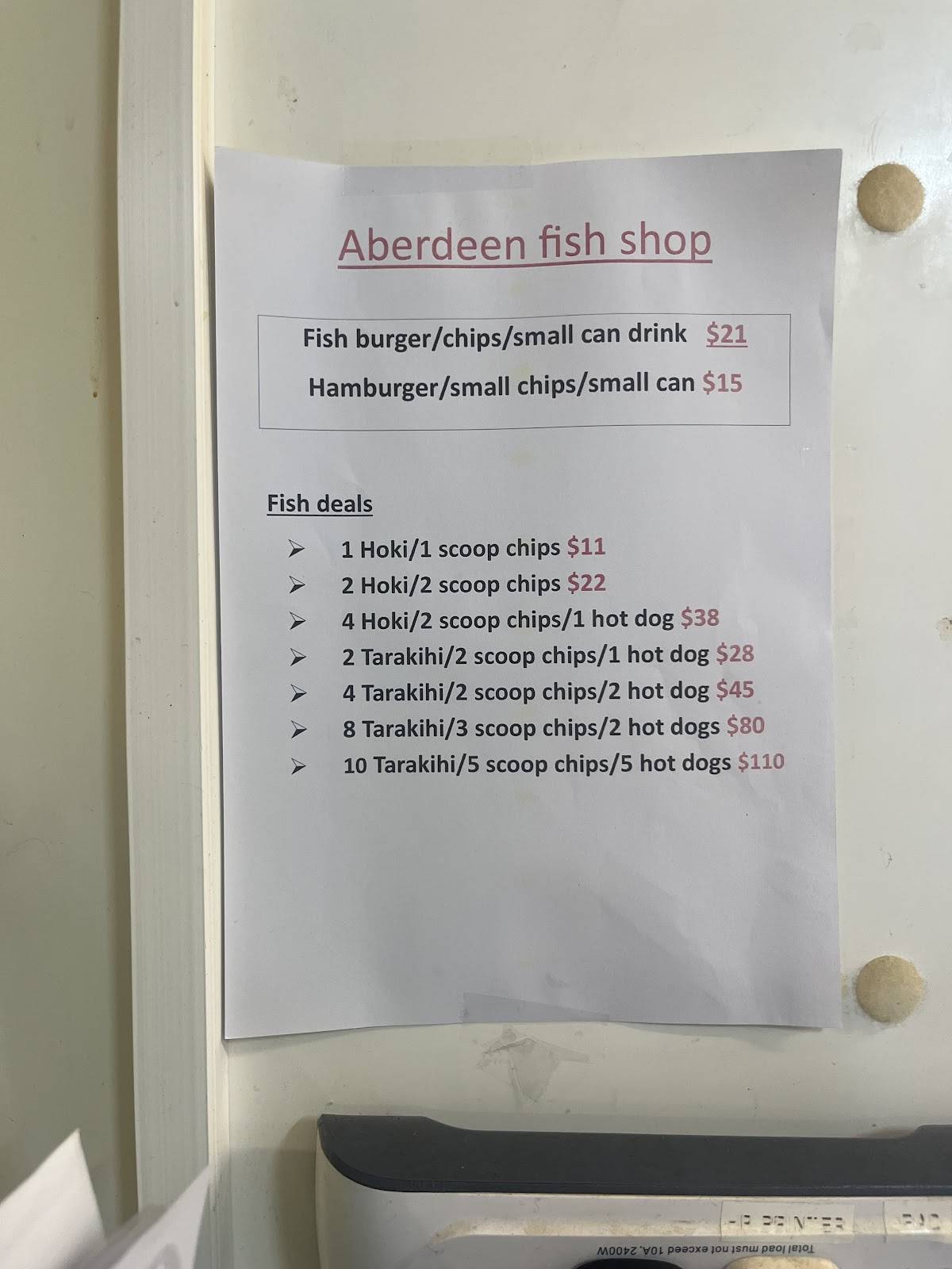 Menu at Aberdeen Fish Shop fast food, Gisborne