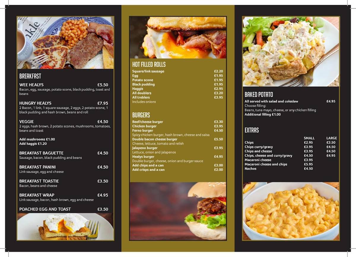 Menu at Henry Healy cafe, Glasgow, 87 Queen St