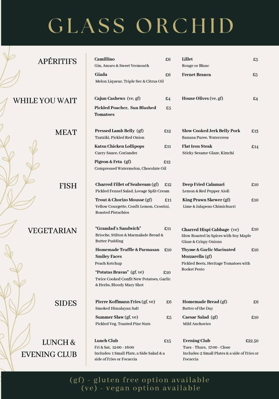 Menu at Glass Orchid restaurant, Nottingham
