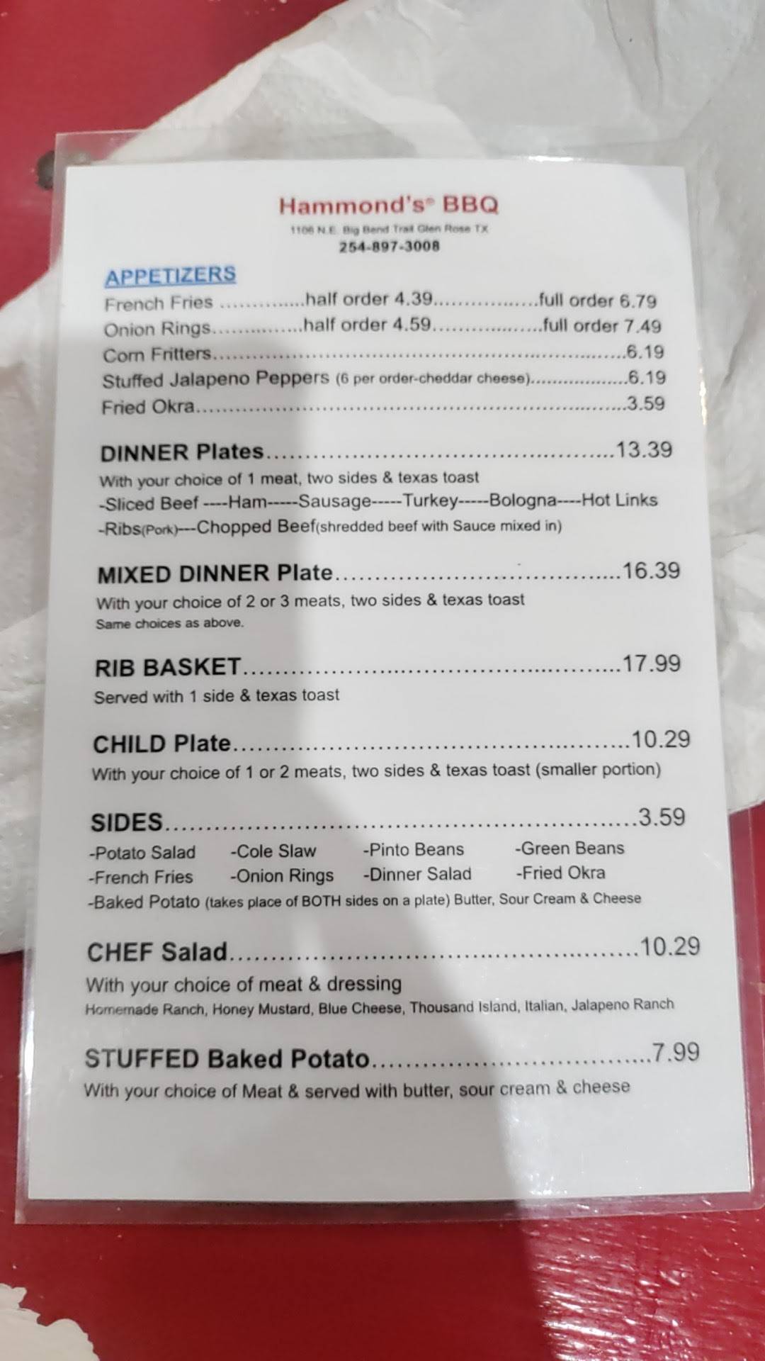 Menu at Hammond's B-B-Q BBQ, Glen Rose