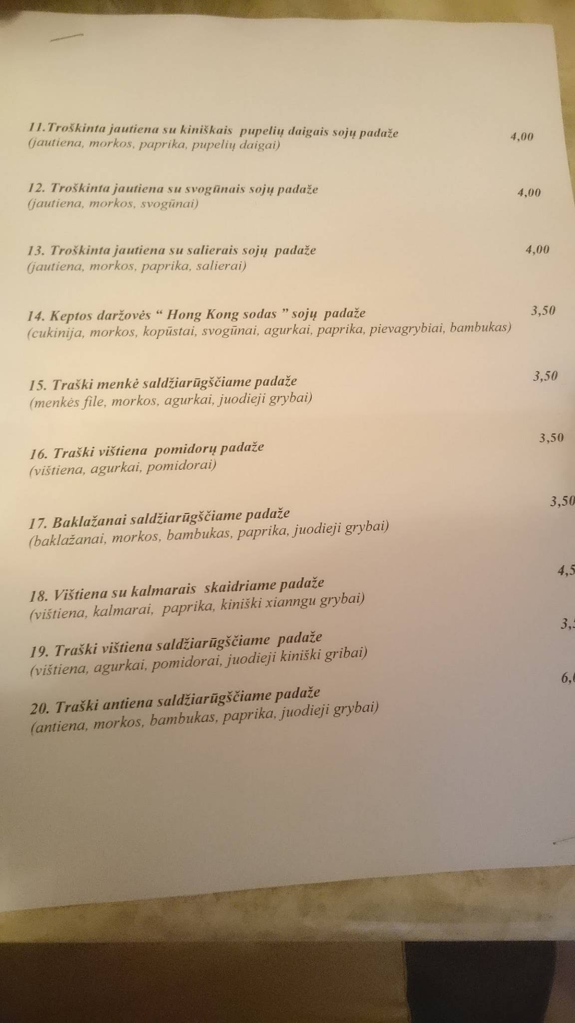 Menu at Gold Hong Kong restaurant, Vilnius