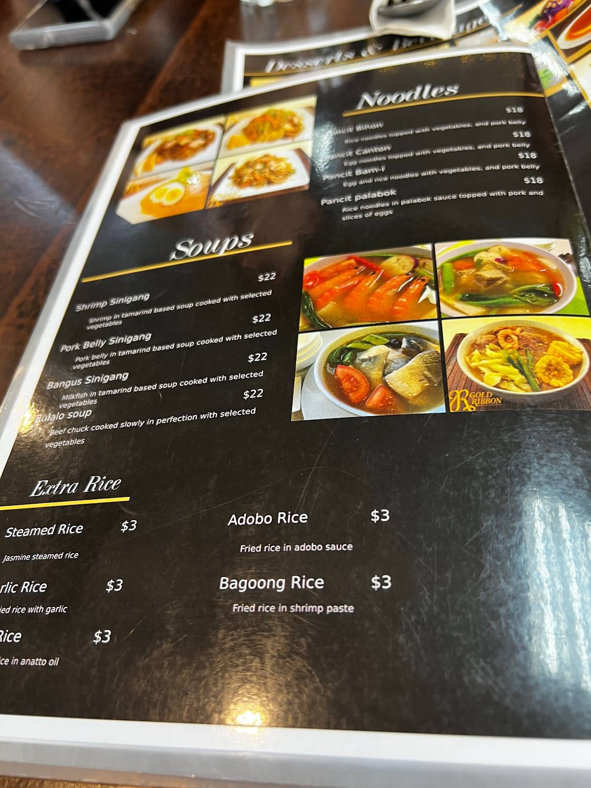 Menu at Gold Ribbon restaurant, Auckland