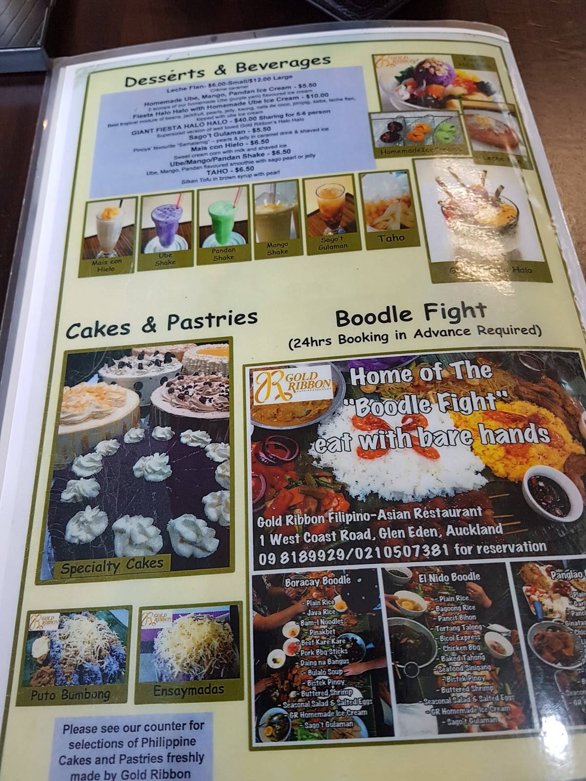 Menu at Gold Ribbon restaurant, Auckland