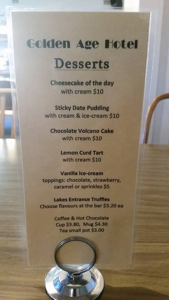 Menu at Golden Age Hotel pub & bar, Omeo
