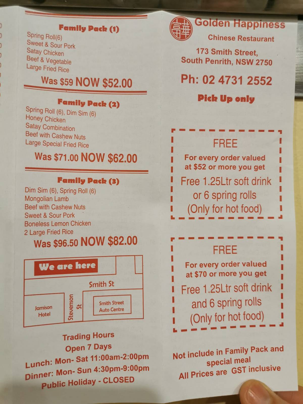 Menu at Golden Happiness restaurant, South Penrith