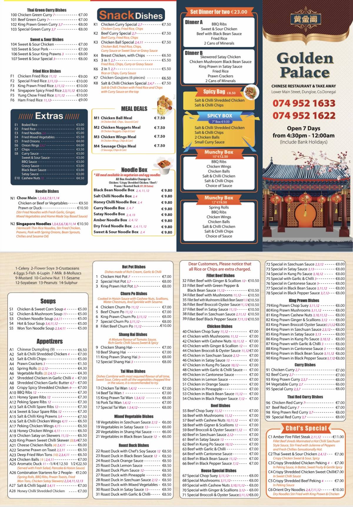 Menu at Golden Palace restaurant, Dungloe