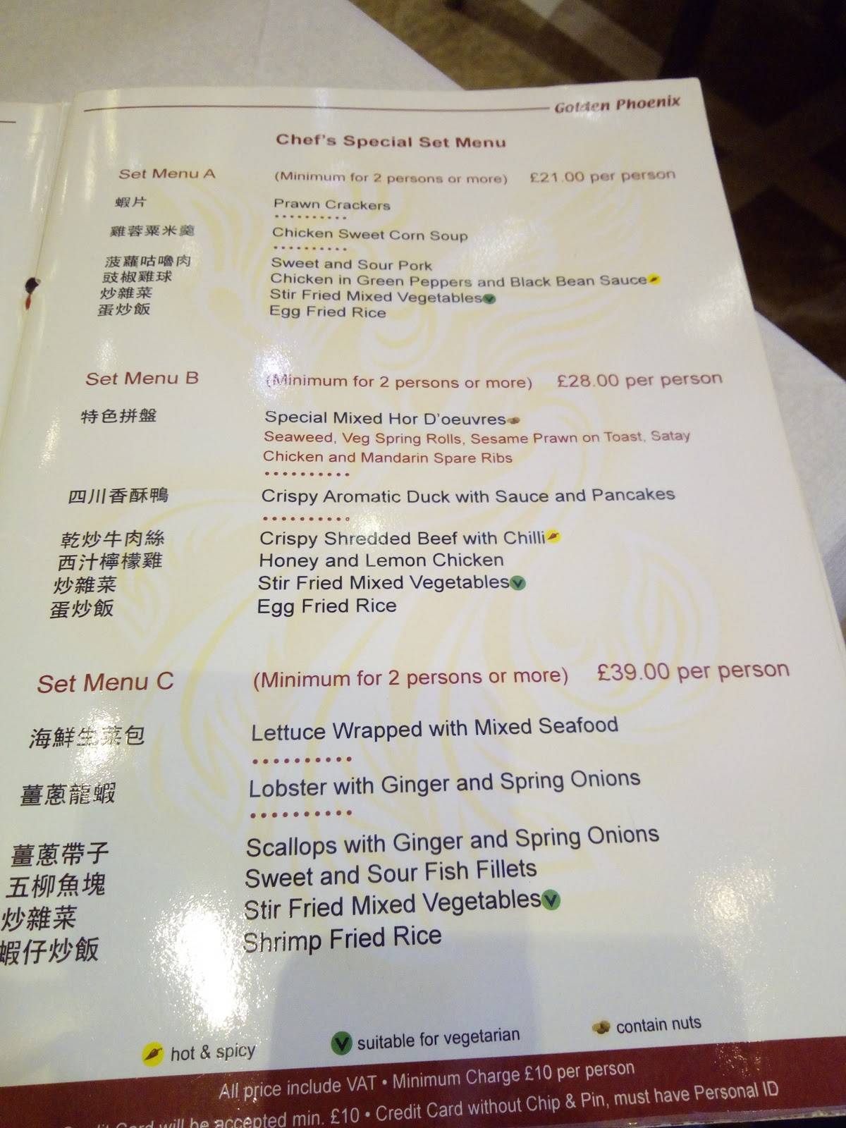Menu at Golden Phoenix restaurant, London, 37-38 Gerrard St
