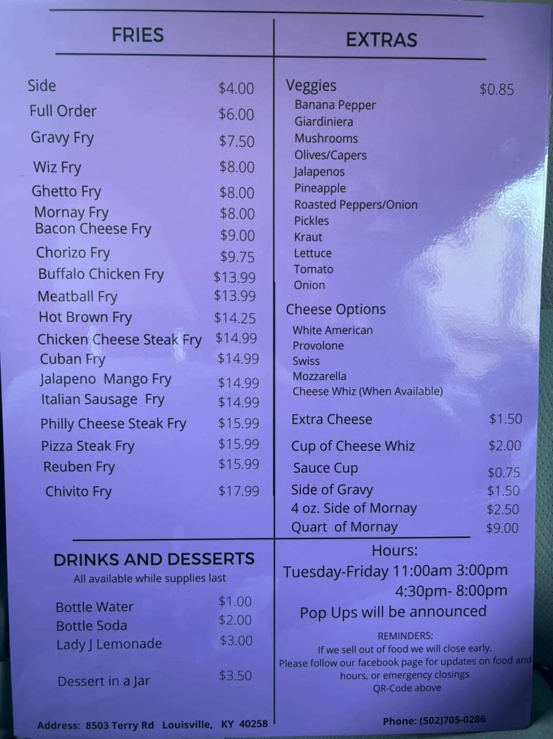 Menu at Gorilla Bob's Grub Shack restaurant, Louisville