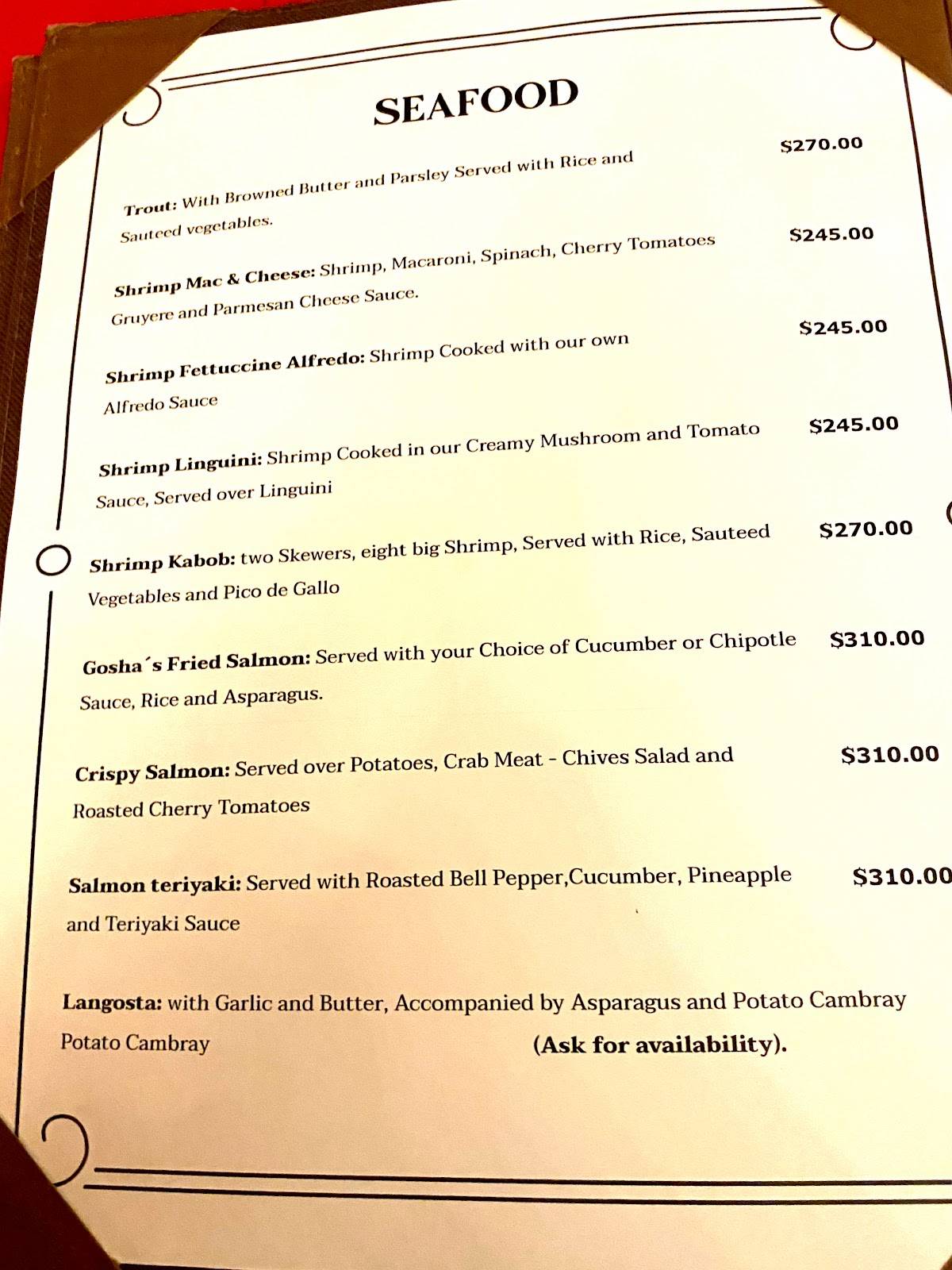 Menu at Gosha's Restaurant, Ajijic