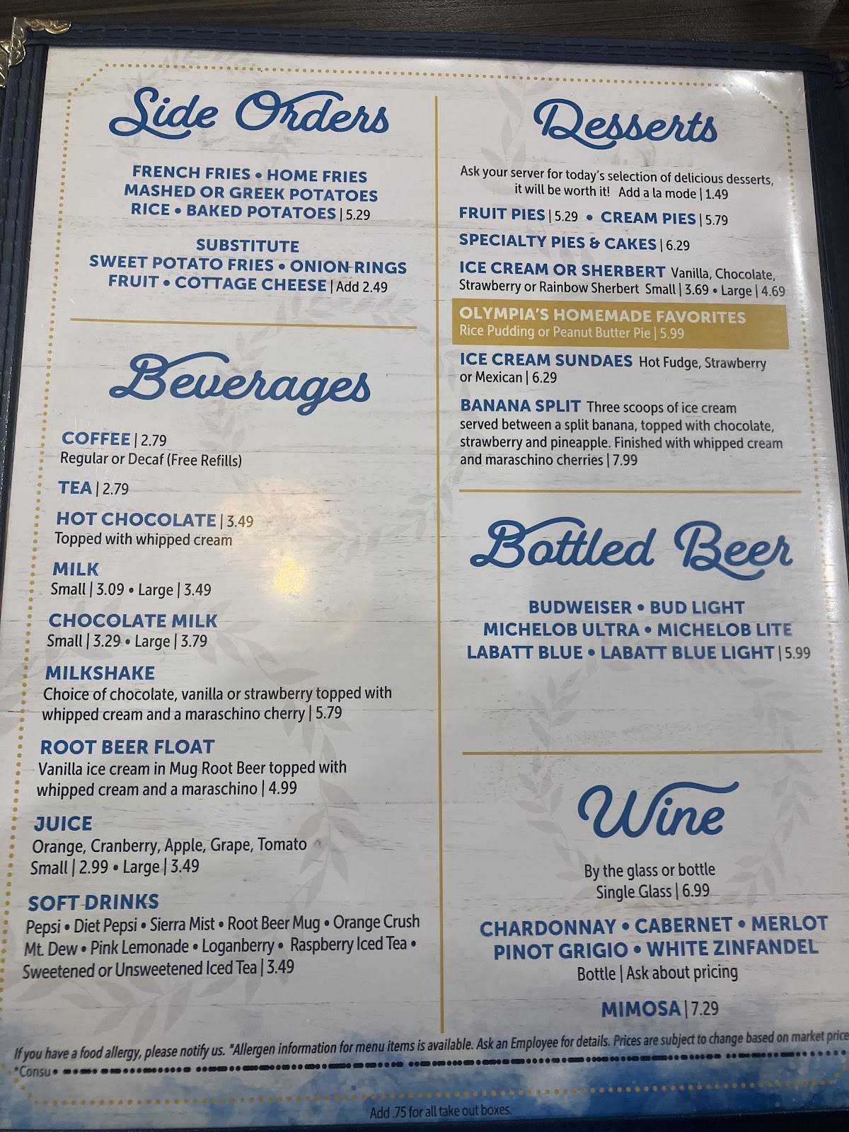 Menu at Olympia Restaurant, Gowanda
