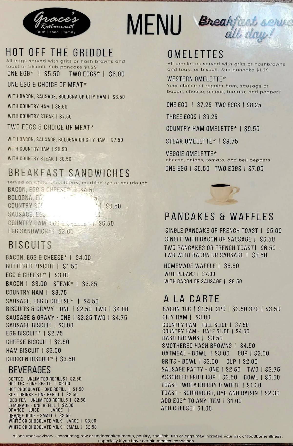 Menu at Grace's Restaurant - Honea Path, Honea Path