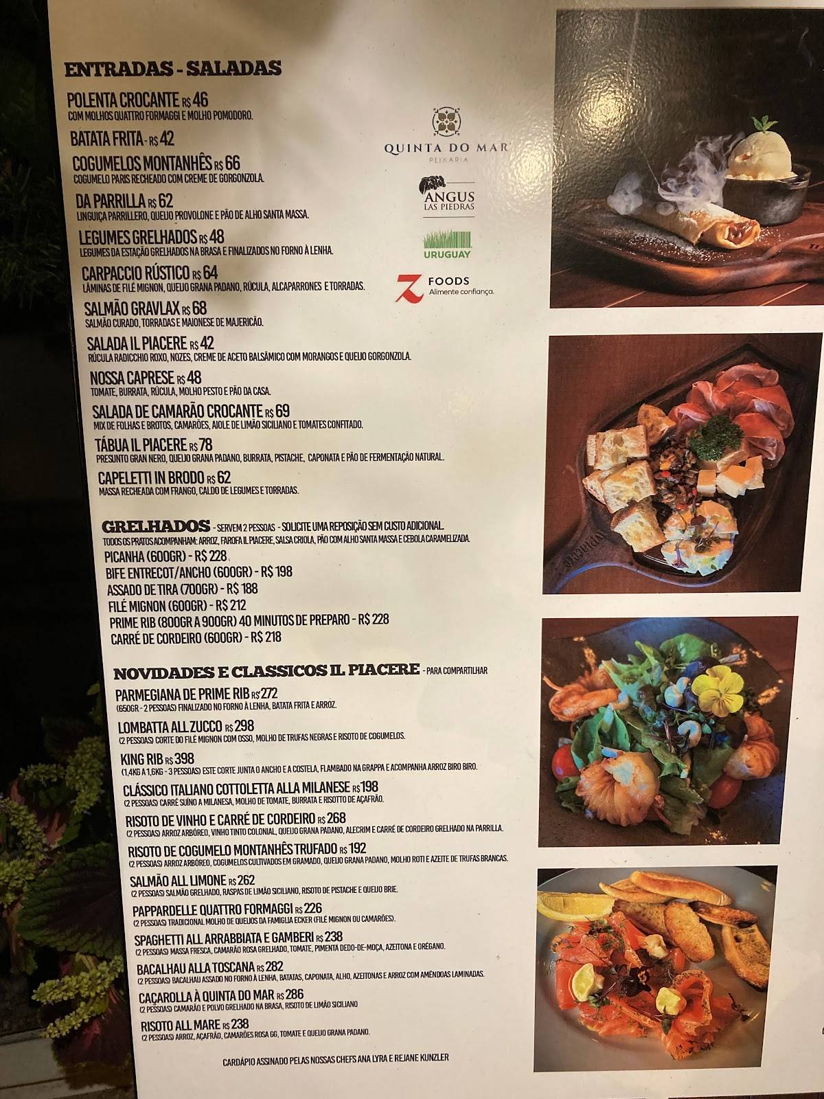 Carta del restaurante Il Piacere, Gramado