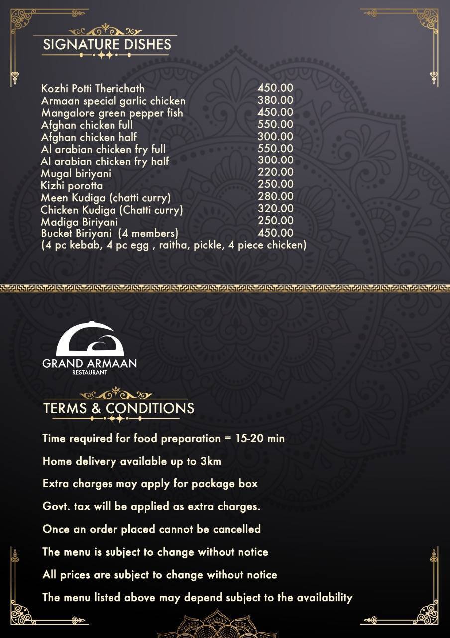 Menu at Grand Armaan Multicusine Restaurant Coorg, Kushalnagar