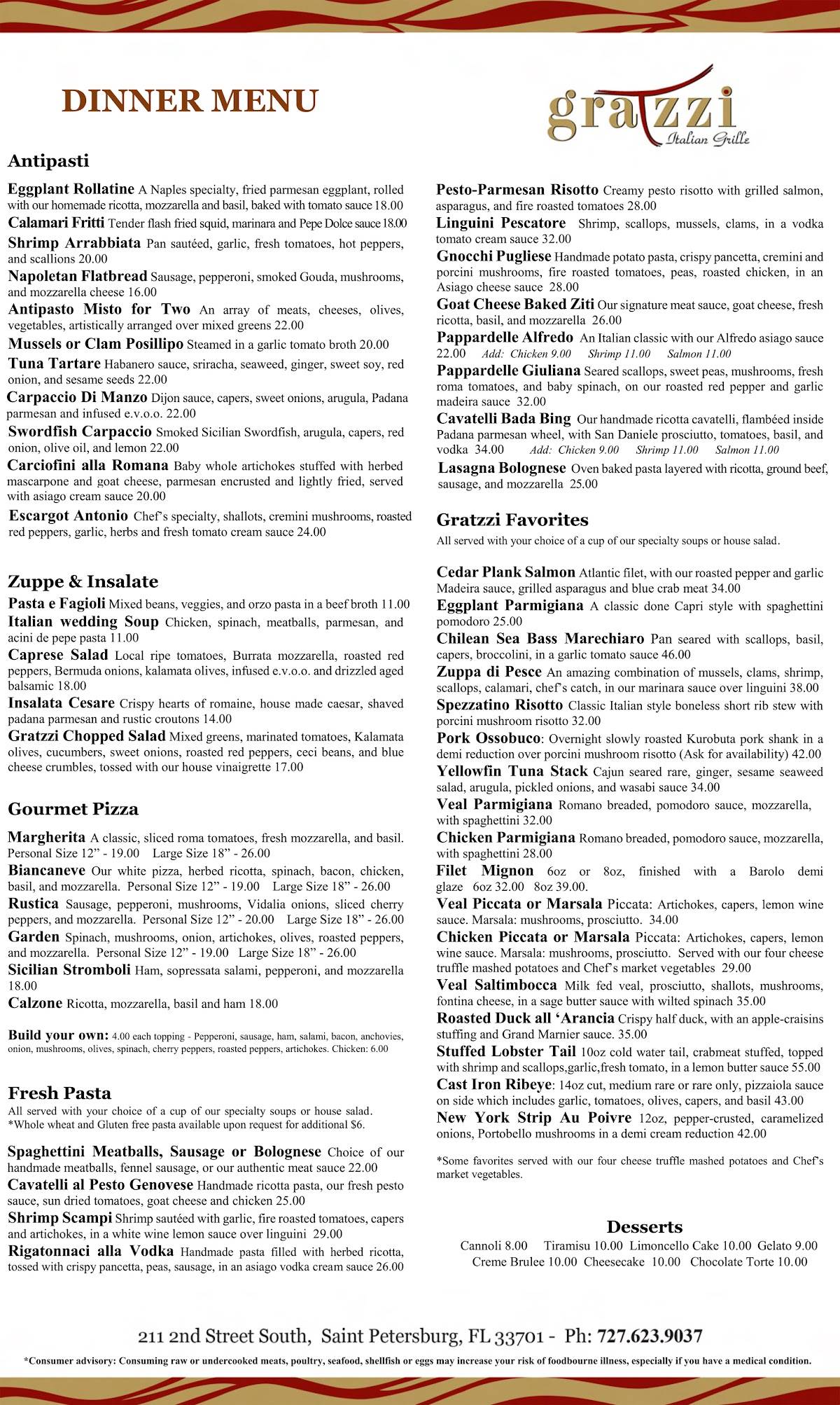 Menu at Gratzzi Italian Grille restaurant, Saint Petersburg