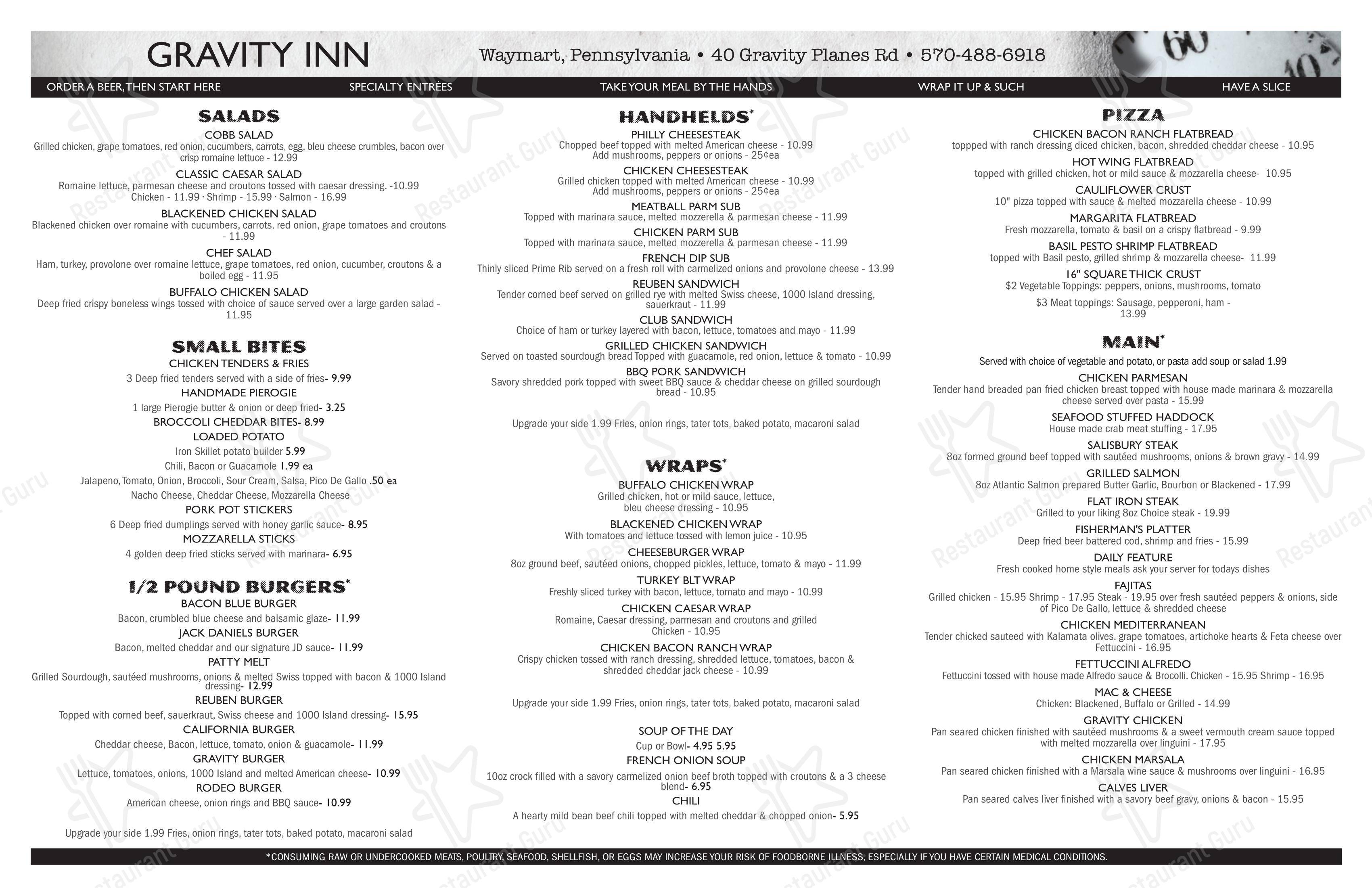 Menu at Gravity Restaurant & Bar, Waymart