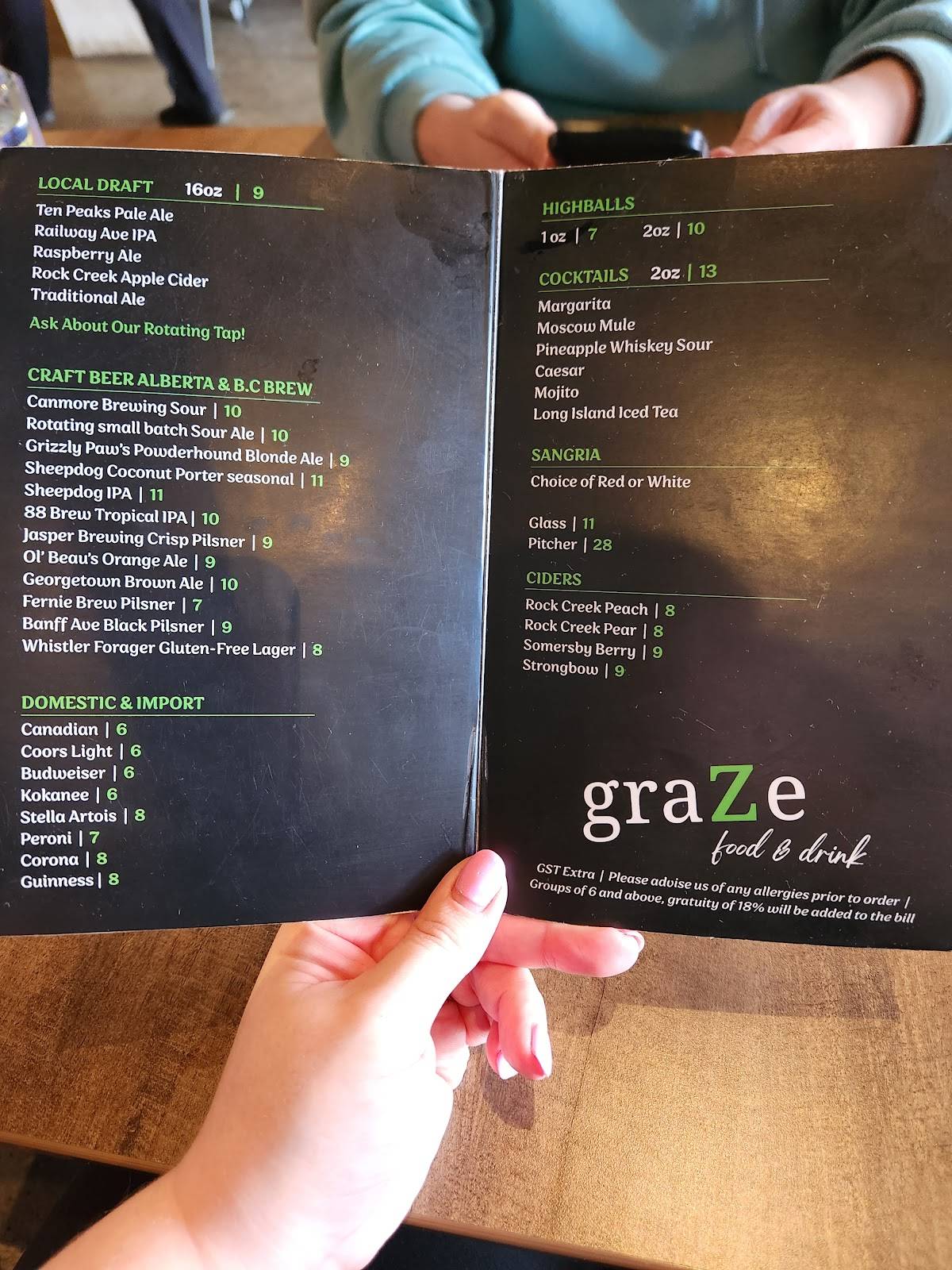 Menu at Graze Food & Drink pub & bar, Canmore