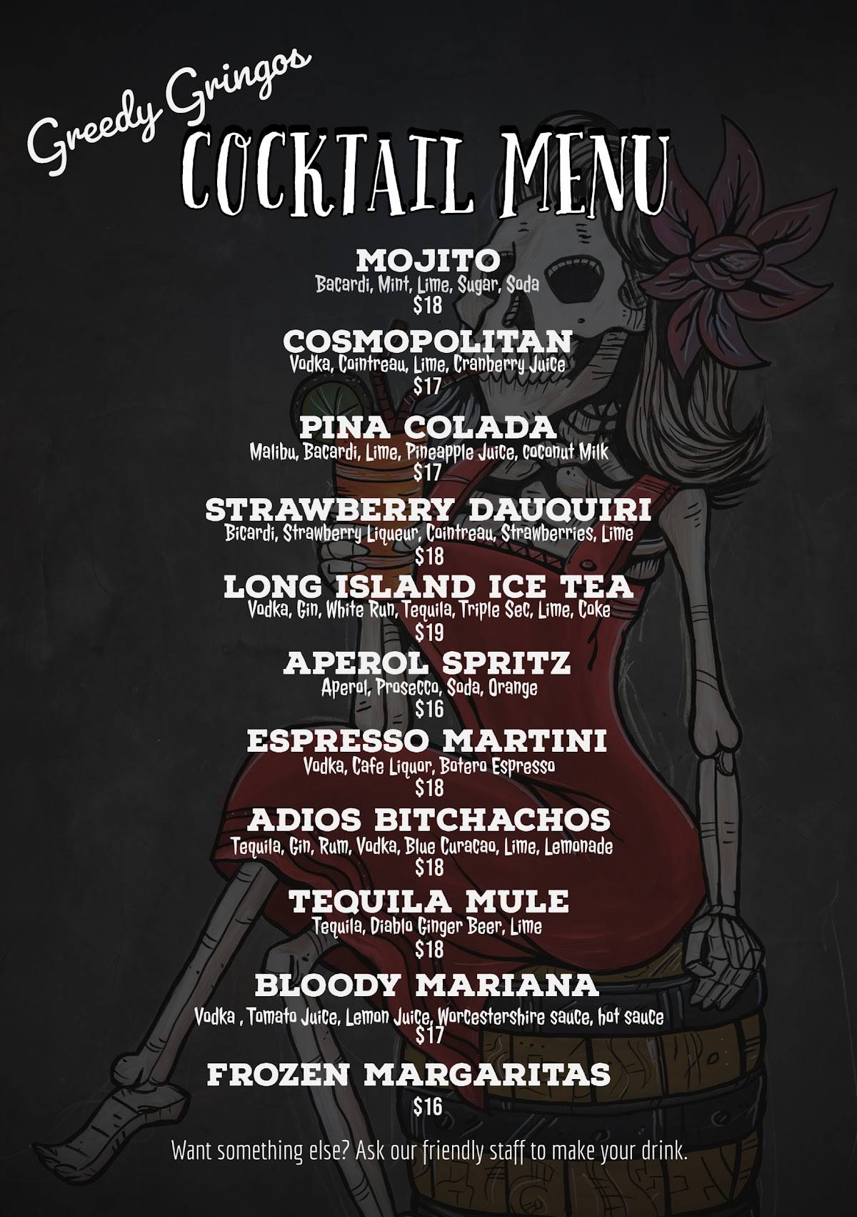 Menu at Greedy Gringo restaurant, Caloundra